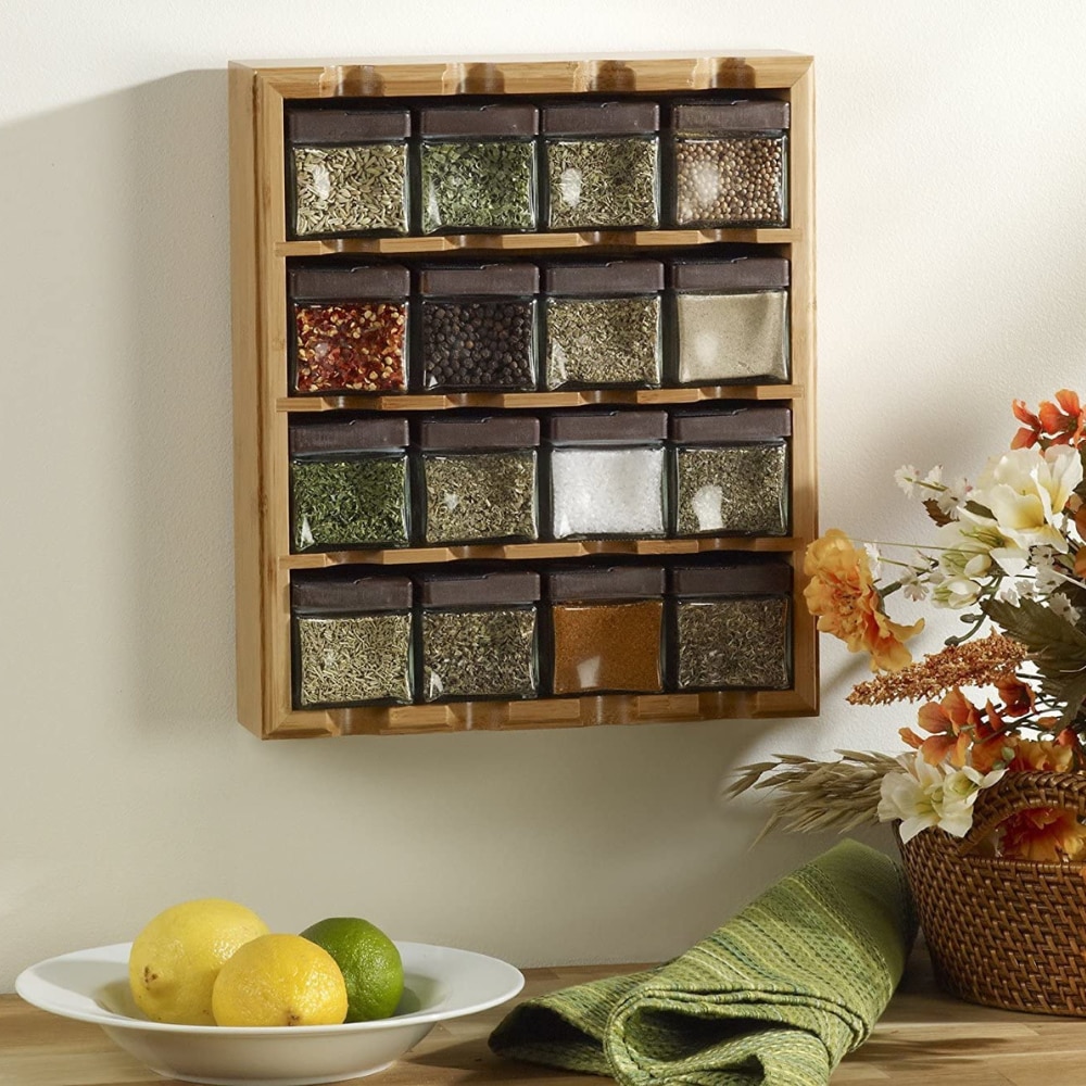 Suport 3 in 1 pentru condimente, din bambus, cu 16 recipiente, pentru ...