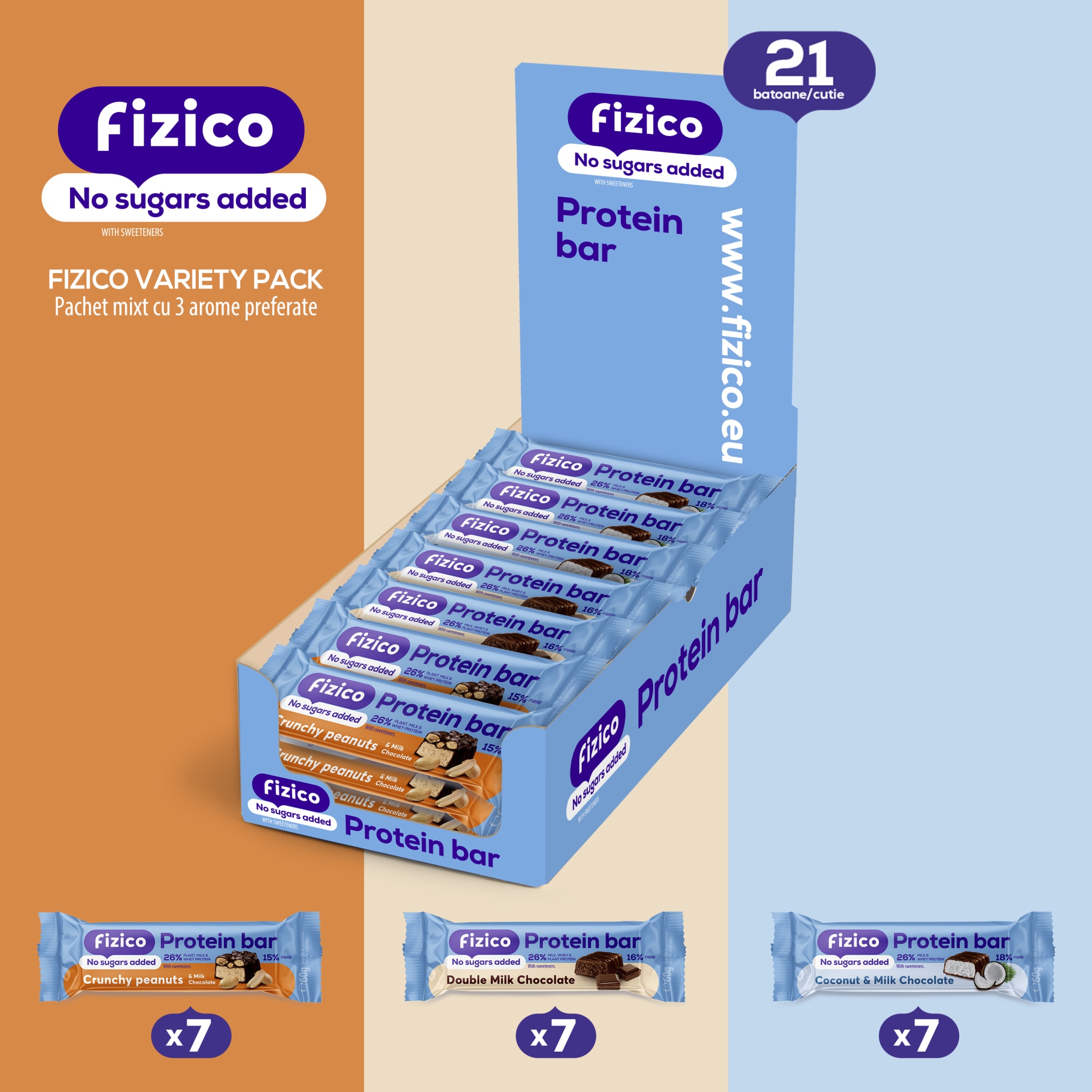 Pachet mixt cu 21 batoane proteice, Fizico Protein Bar, fara zaharuri ...