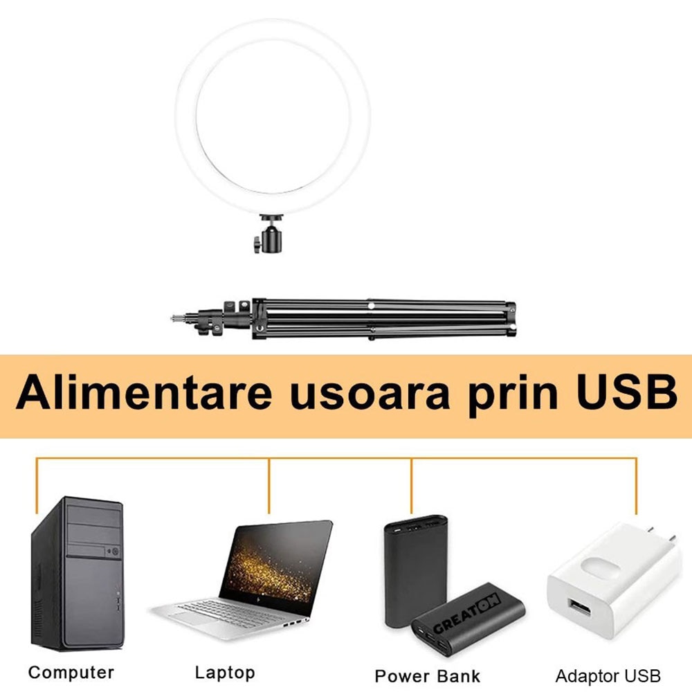 Lampa Circulara Mica cu LED GREATON, Ring Light, Telecomanda Selfie, 58 ...