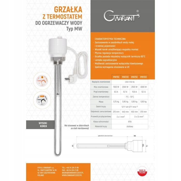 Rezistenta electrica boiler, Gwarant, Otel, 3000 W, 6/4", 80-200 l, Alb ...