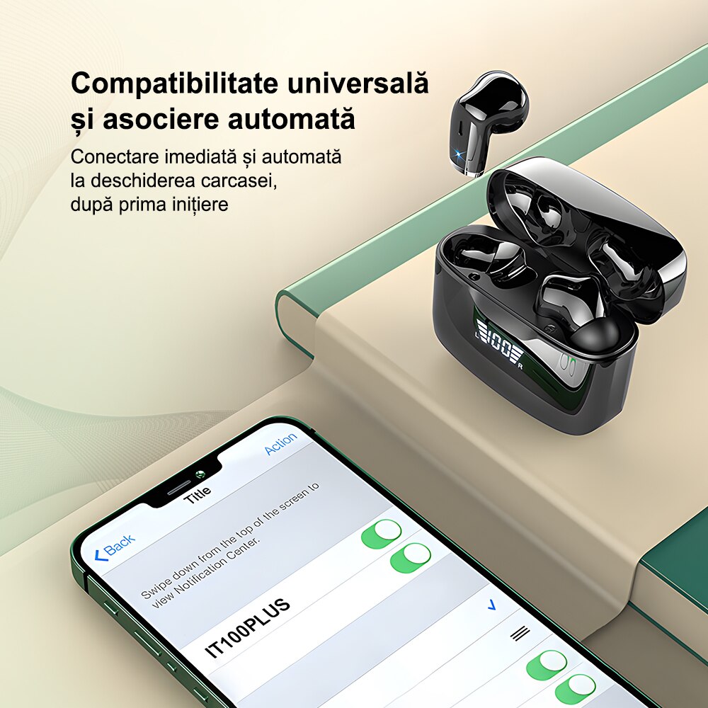 Casti audio wireless Smarty® IT100 Plus, Bluetooth 5.3, Control prin Atingere, fara fir, Afisare ...