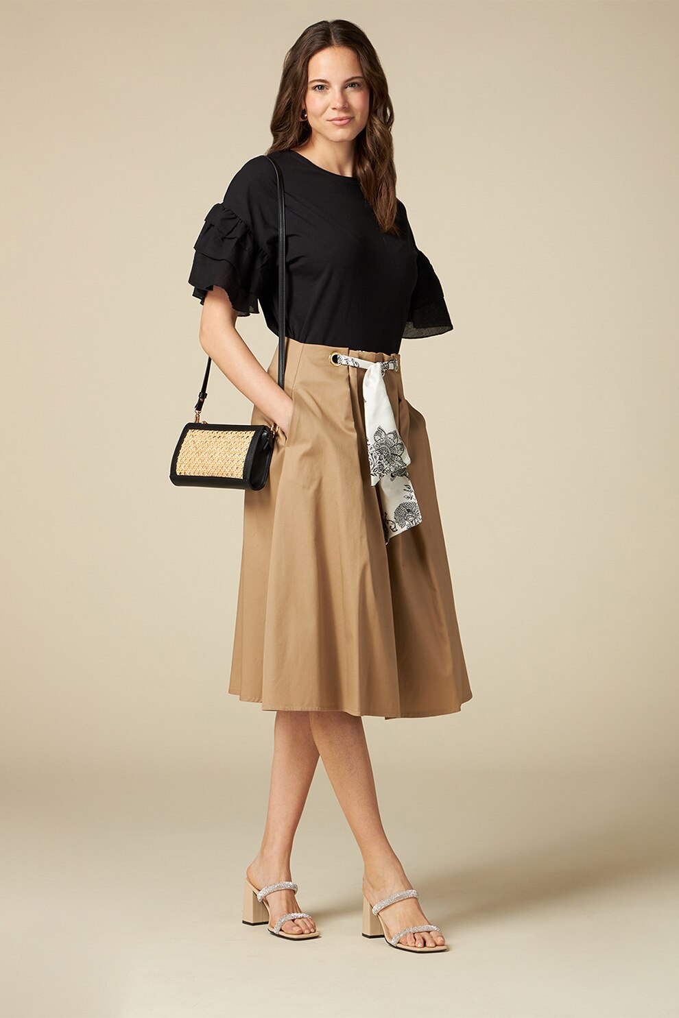 Oltre, Fusta midi cu buzunare laterale, Camel, 48 - eMAG.ro