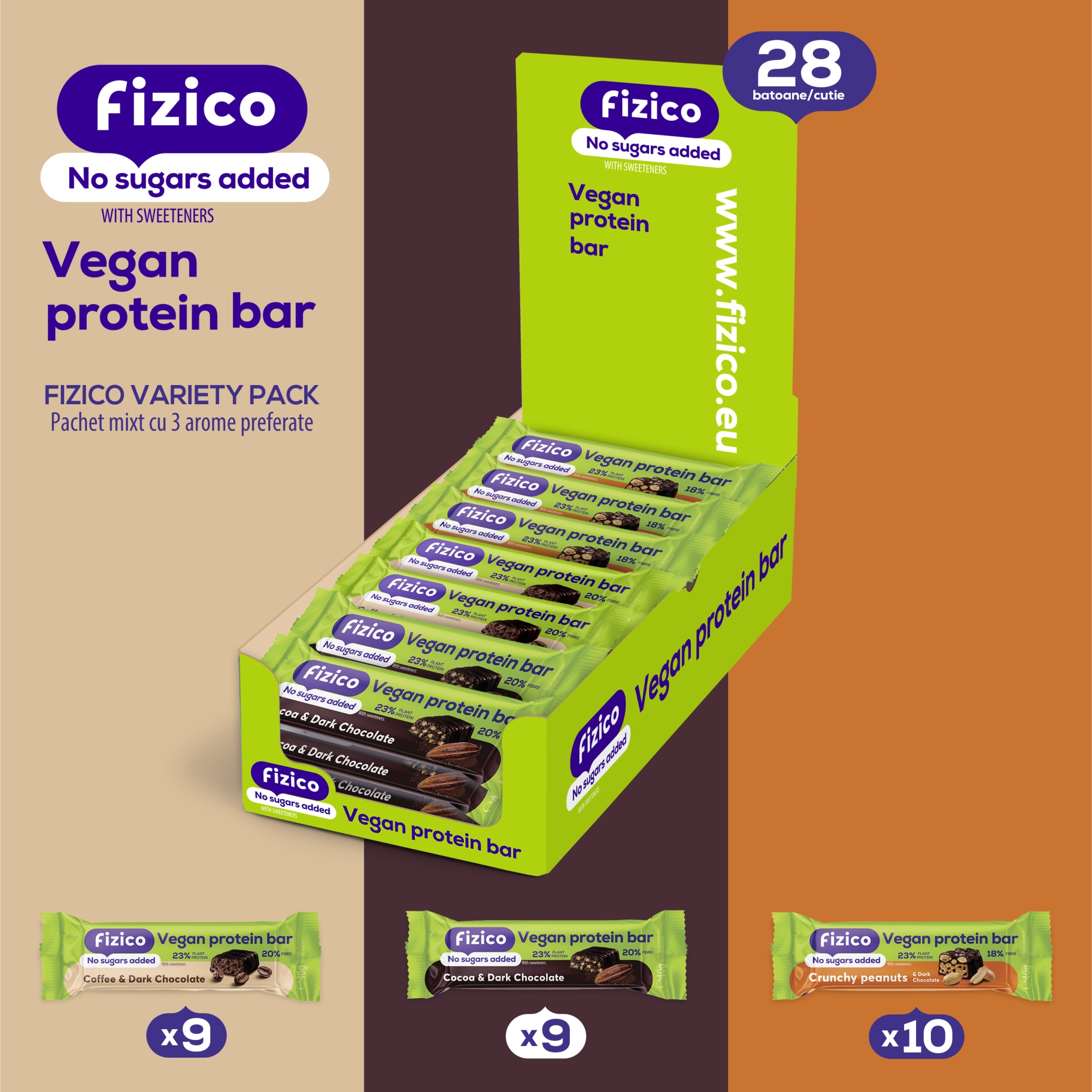 Pachet mixt cu 28 batoane proteice vegane, Fizico Vegan Protein Bar ...