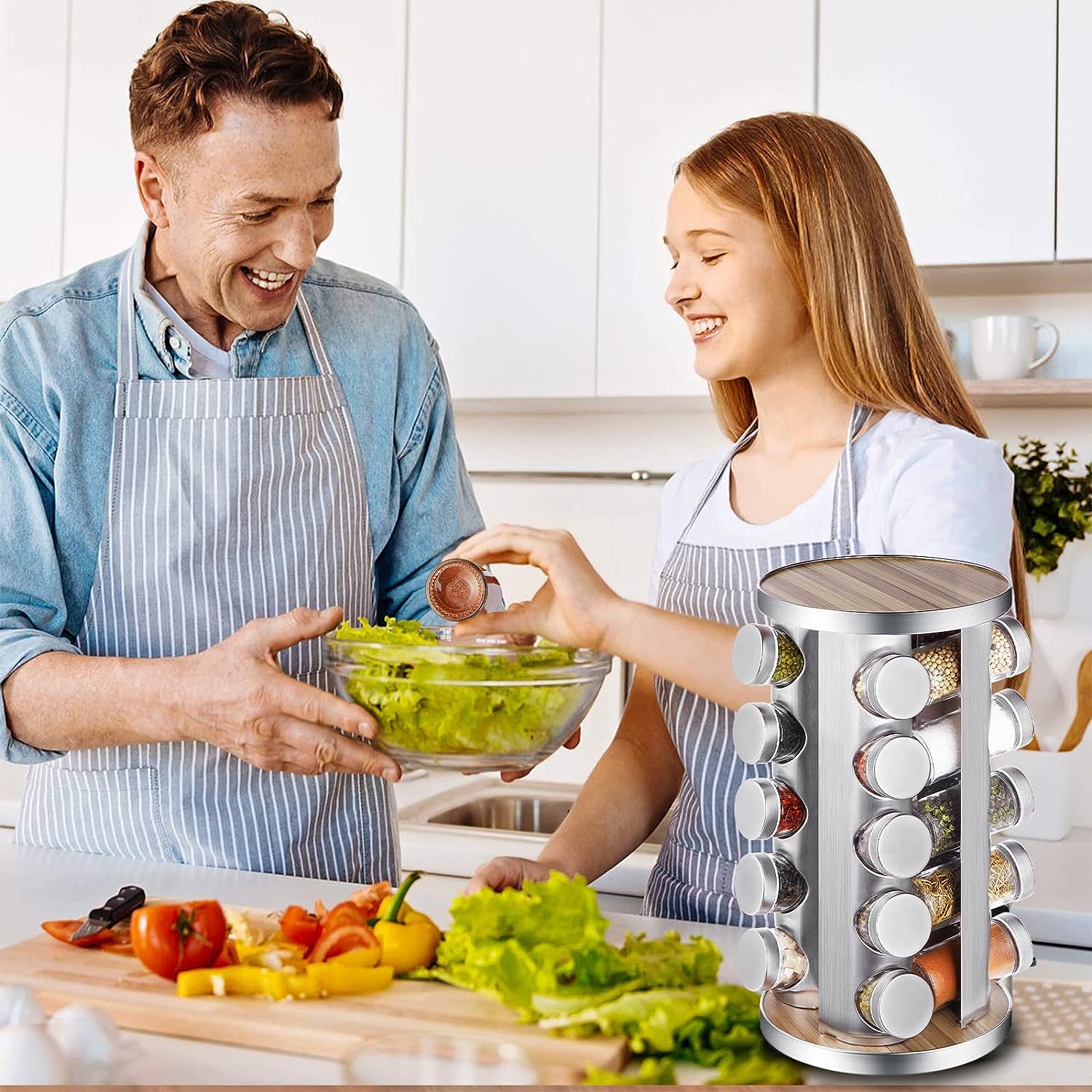 Suport condimente rotativ cu 20 recipiente, otel inoxidabil, etichete ...