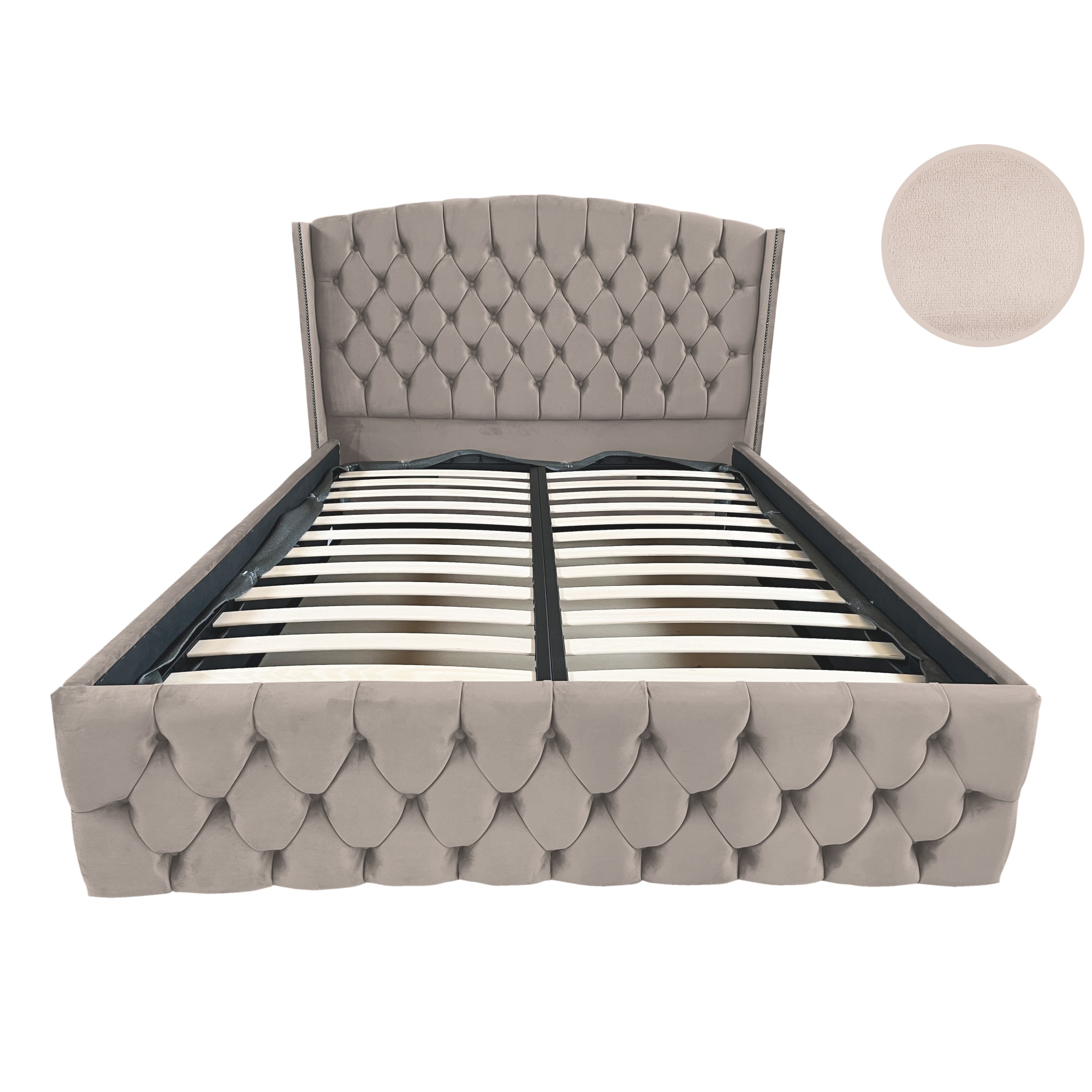 Pat tapitat Tokyo, cu spatiu de depozitare si somiera rabatabila, crem ...