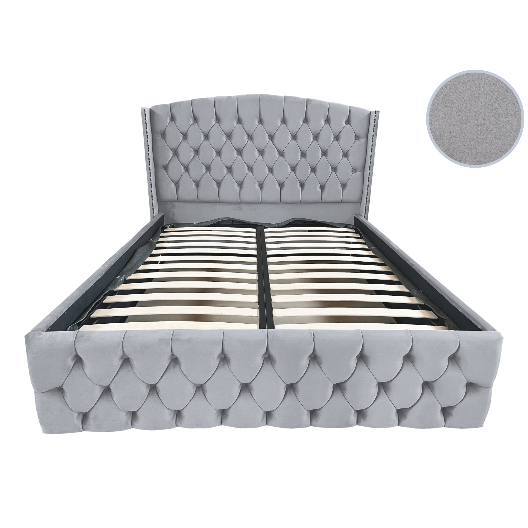 Pat tapitat Tokyo, cu spatiu de depozitare si somiera rabatabila, gri ...