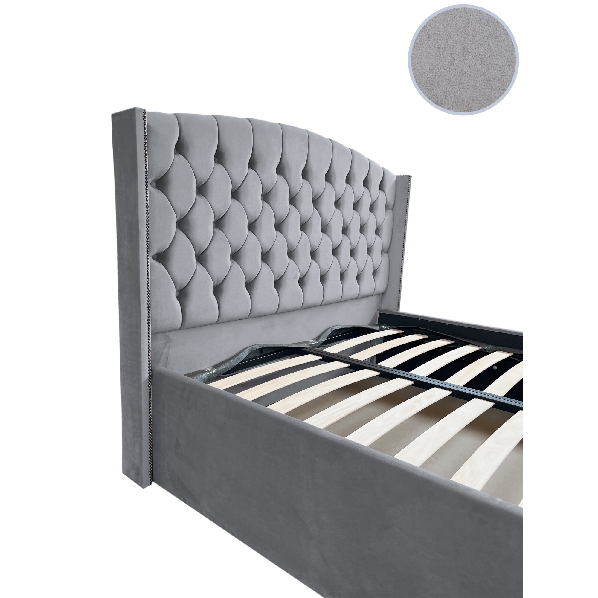 Pat tapitat Tokyo, cu spatiu de depozitare si somiera rabatabila, gri ...