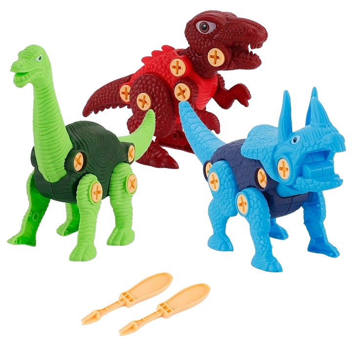 Set jucarii de constructie, 3 Dinozauri DIY educational, NEVERMORE ...