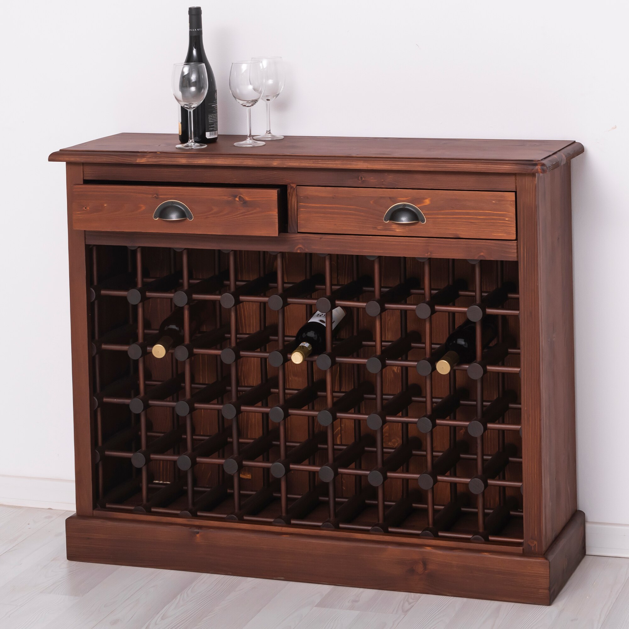 Suport sticle vin cu 2 sertare, culoare cires, lacuit si vopsit, 100% ...