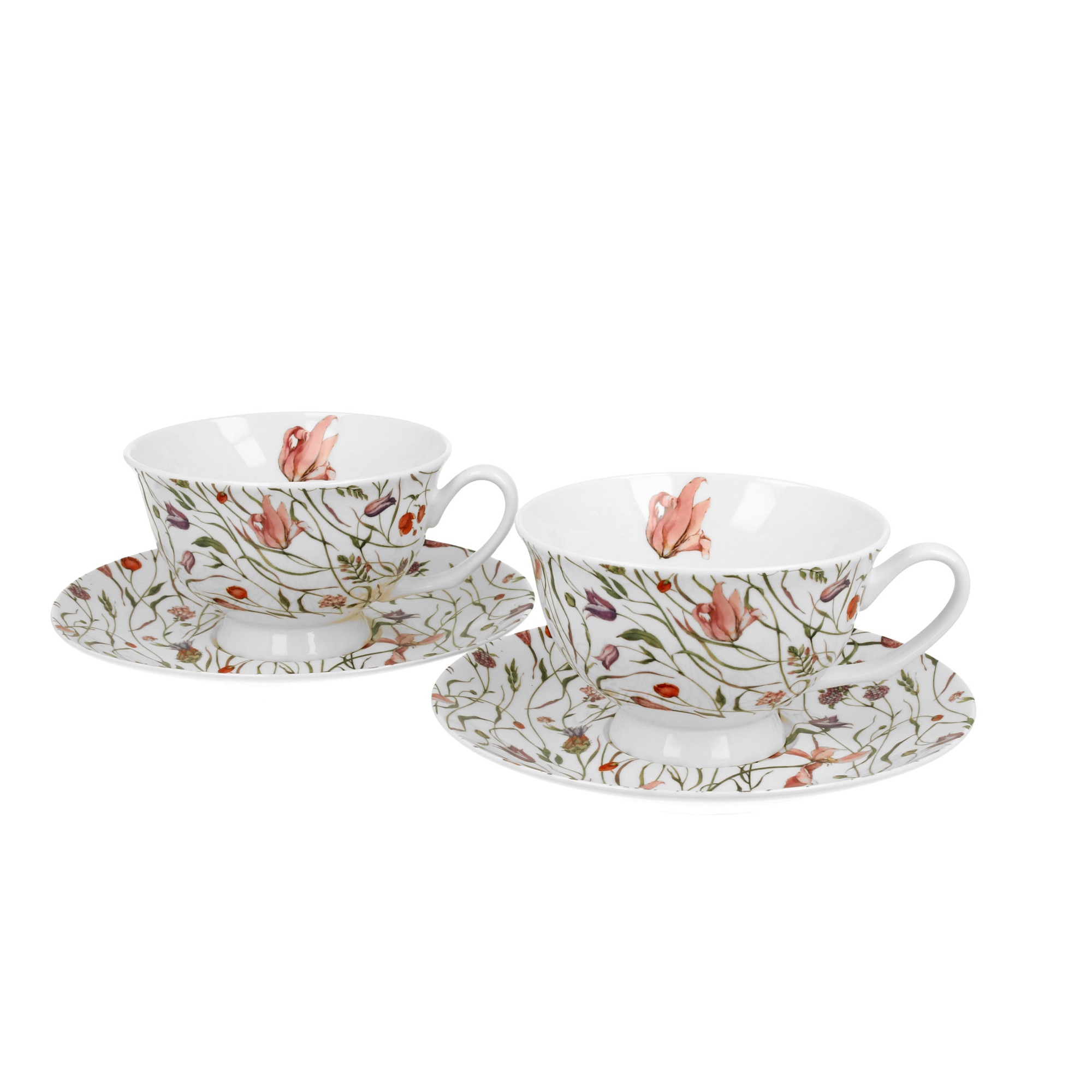 Комплект 2 порцеланови чаши и чинийки Duo Flowers Meadow 250 мл