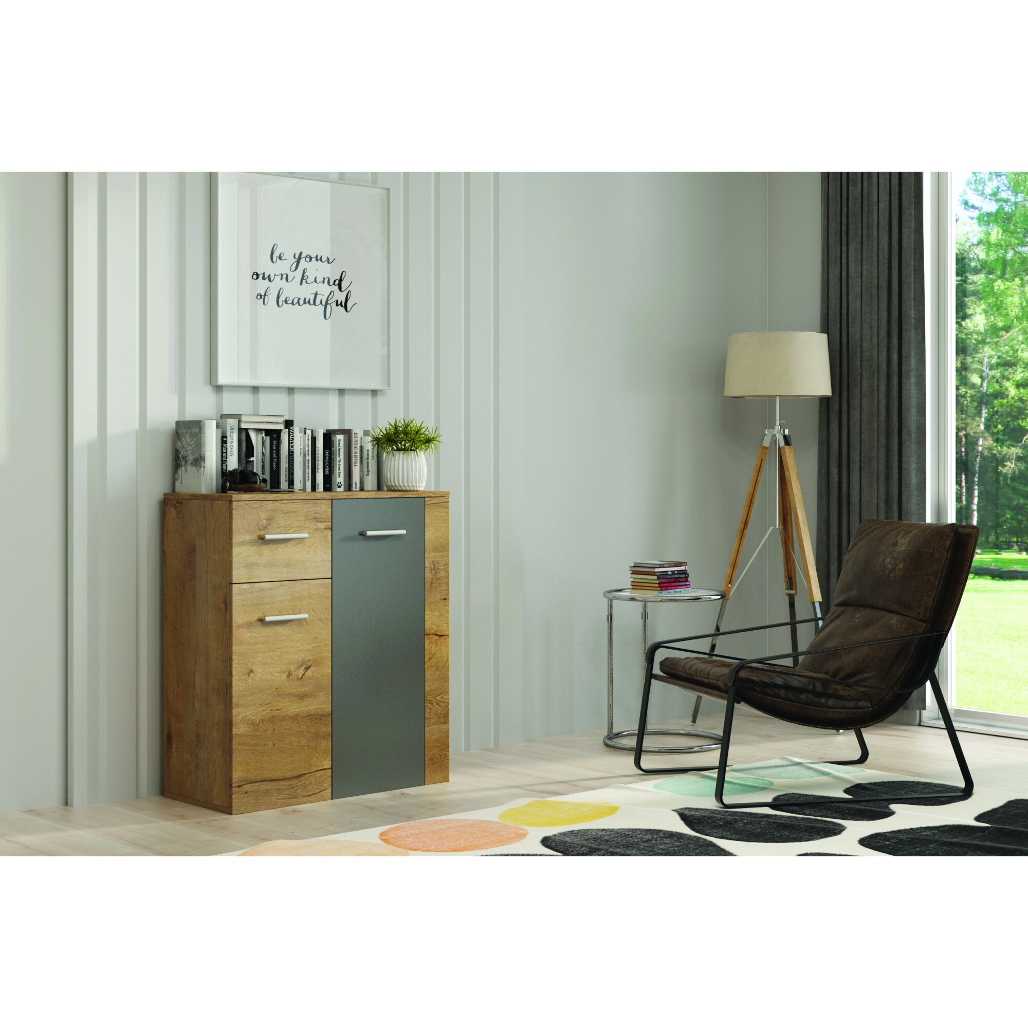 Comoda cu 1 sertar si 2 usi, 75x85x35 cm, stejar artisan/ gri grafit ...