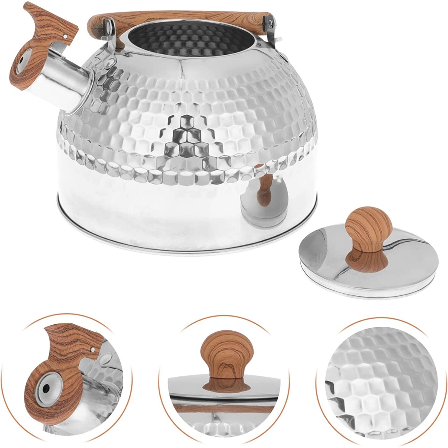 Ceainic din inox cu fluier, BYONDSELF®, 3L, maner din lemn, argintiu ...
