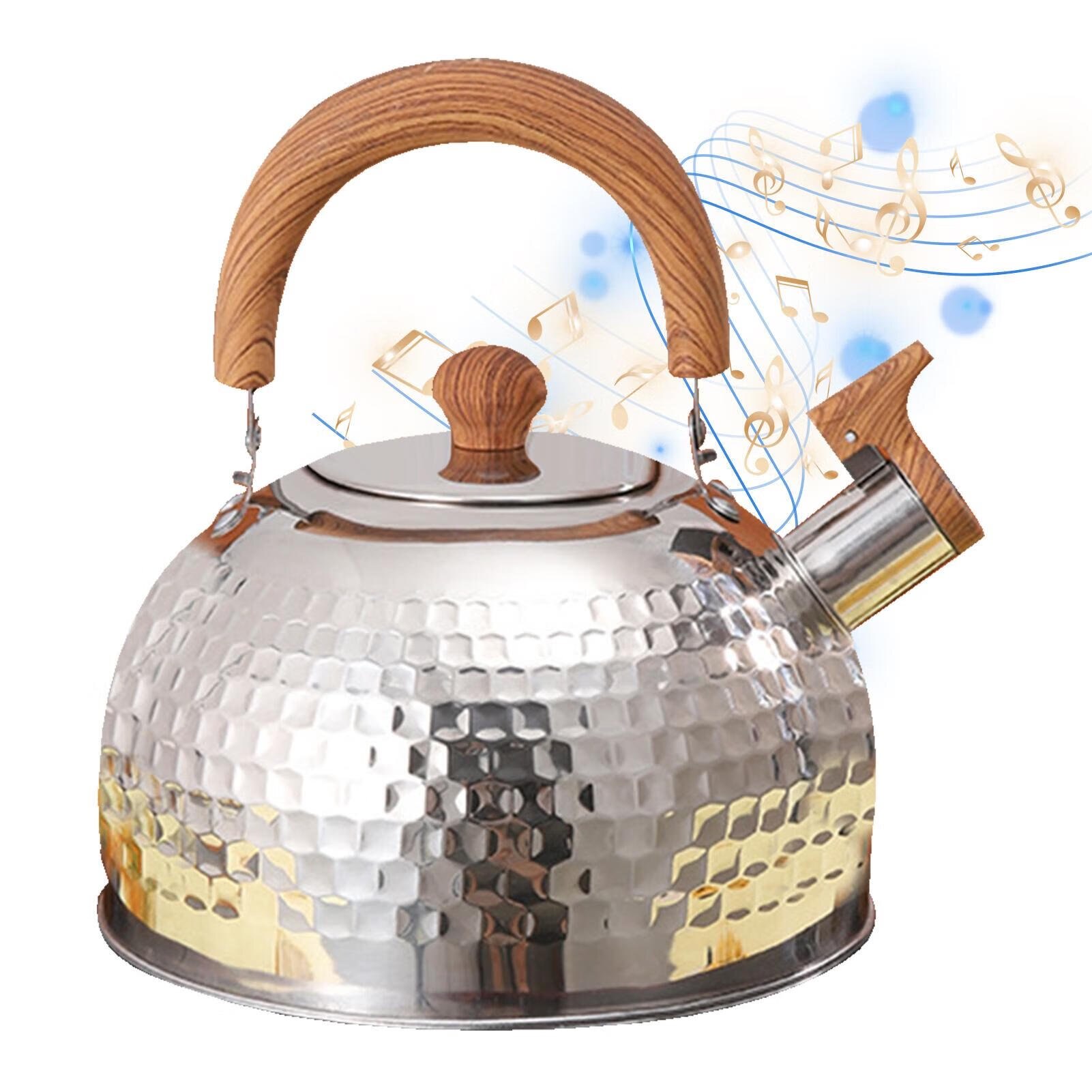 Ceainic din inox cu fluier, BYONDSELF®, 3L, maner din lemn, argintiu ...