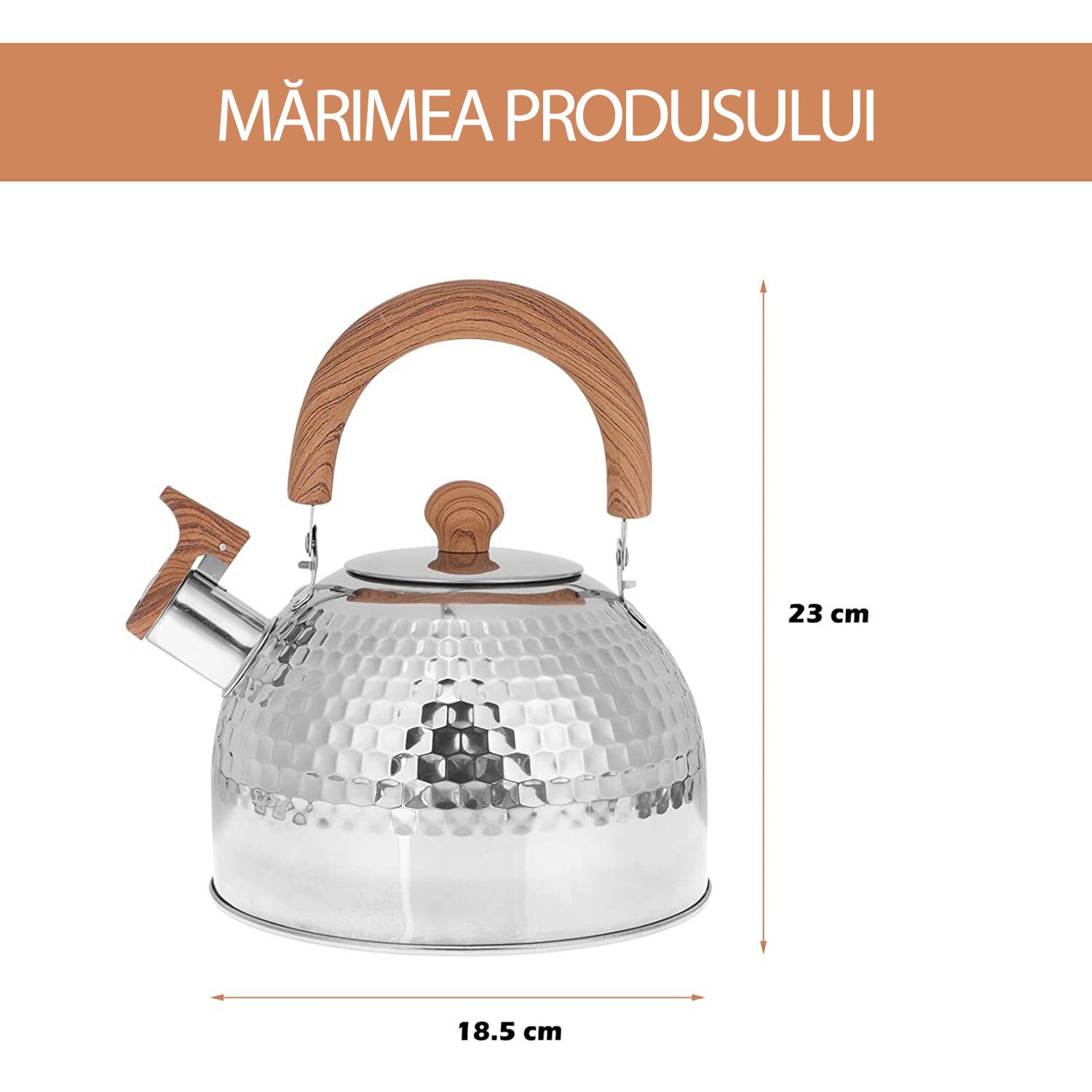 Ceainic din inox cu fluier, BYONDSELF®, 3L, maner din lemn, argintiu ...