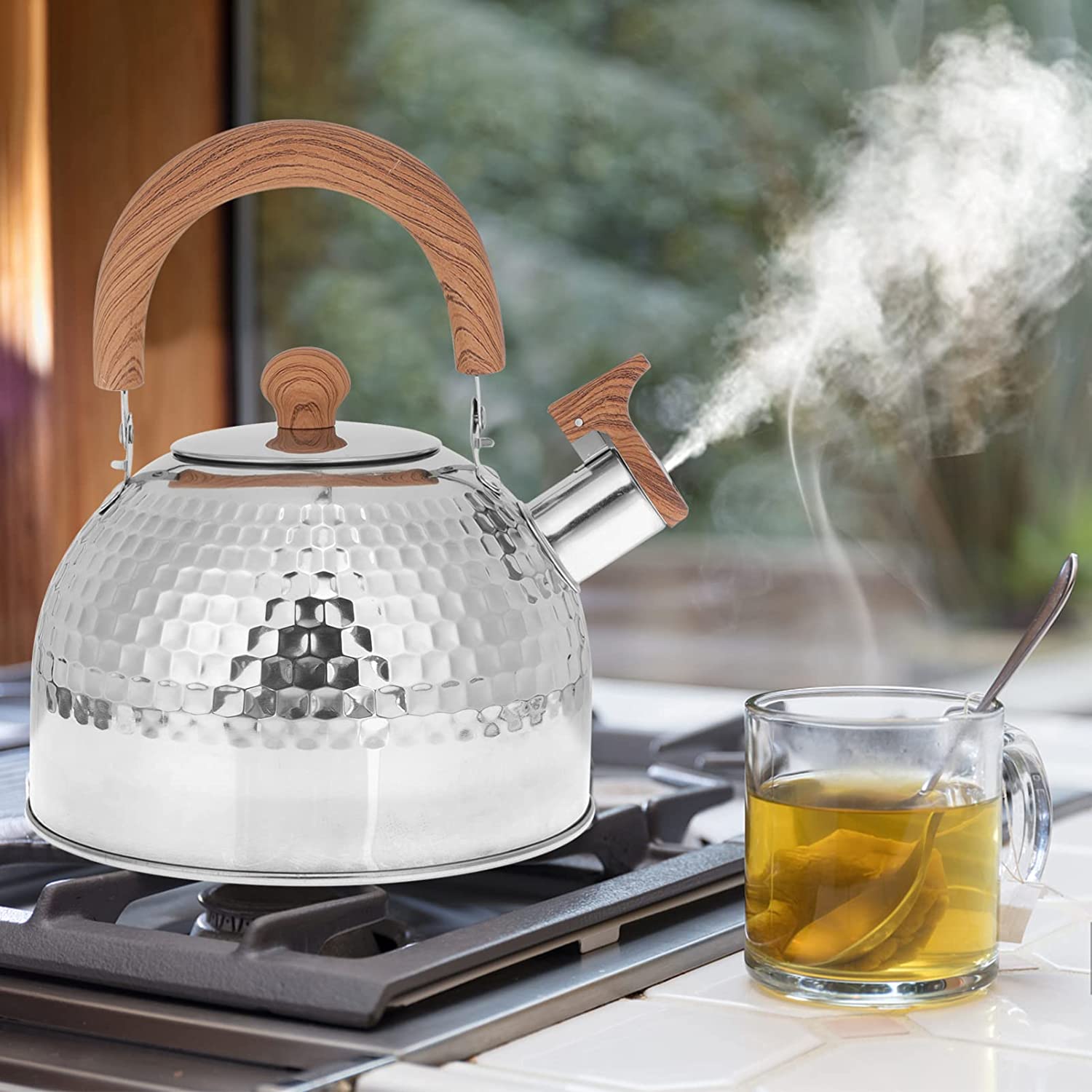 Ceainic din inox cu fluier, BYONDSELF®, 3L, maner din lemn, argintiu ...