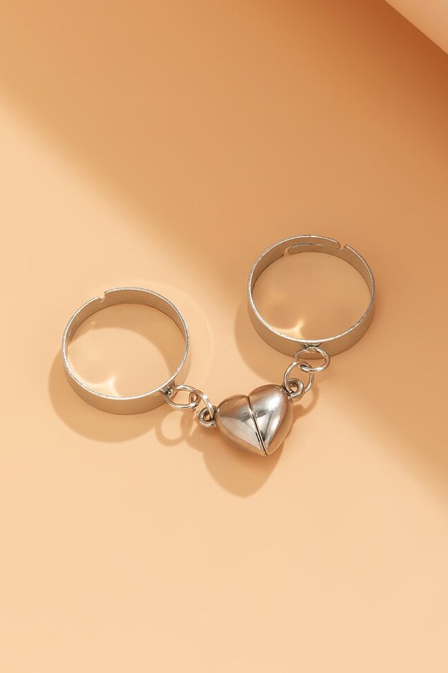 Set inele de cuplu, doua jumatati de inima cu magnet, ajustabile ...