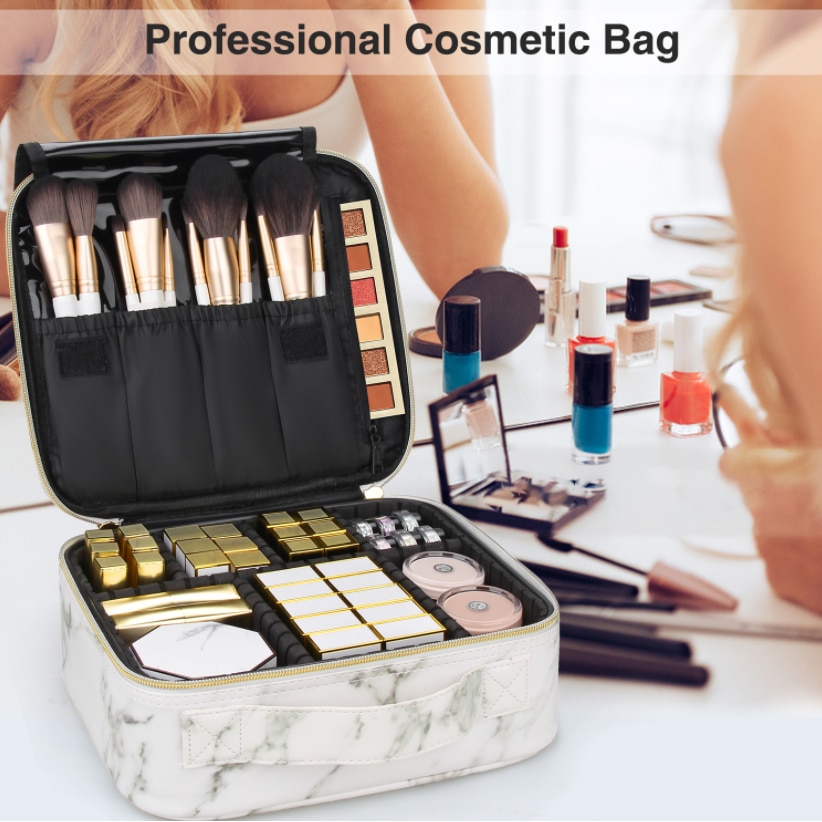 Geanta pentru machiaj de calatorie, 10 cm, Alb/Negru - eMAG.ro