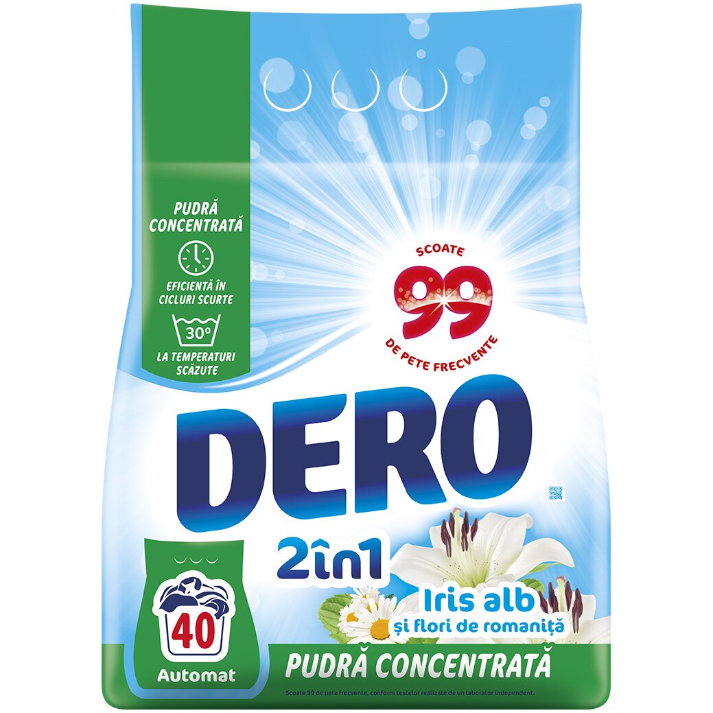 Detergent de rufe pudra Dero 2in1 Iris Alb, 3kg, 40 spalari - eMAG.ro