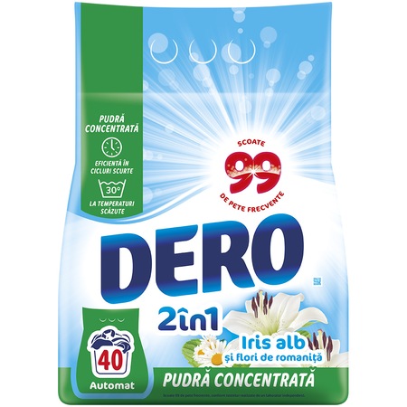 Detergent de rufe pudra Dero 2in1 Iris Alb, 3kg, 40 spalari - eMAG.ro