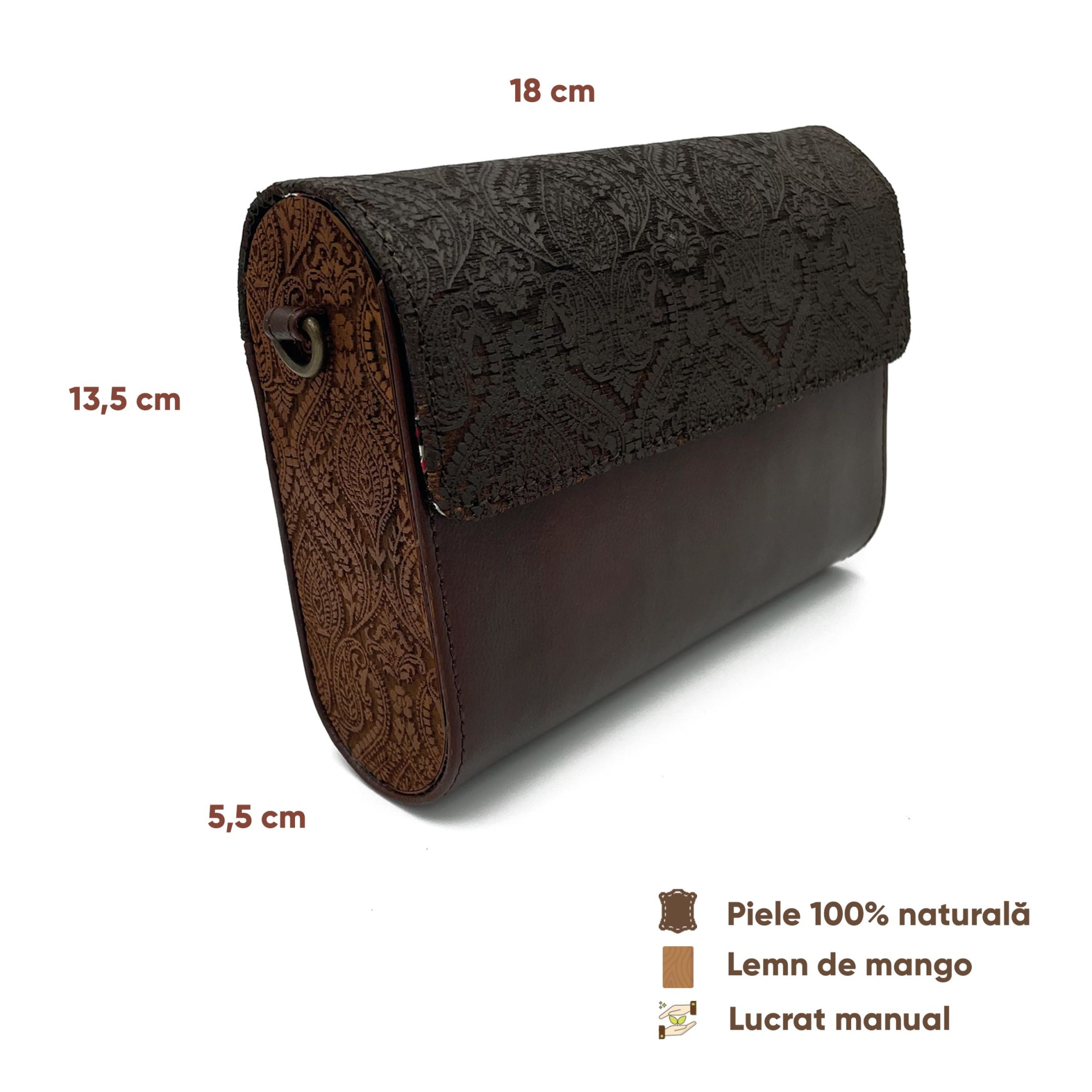 Geanta plic dama din piele naturala si lemn sculptat cu interior textil ...