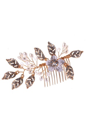 Pieptene de par pentru mireasa, floare mare si frunze cu cristale Auriu ...
