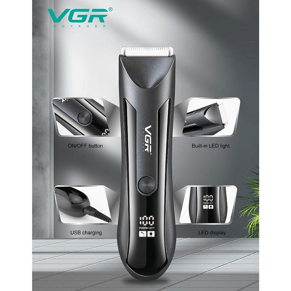 Комплект тример за брада VGR, LED дисплей, Водоустойчив, Четка и гребен за избледняване ...