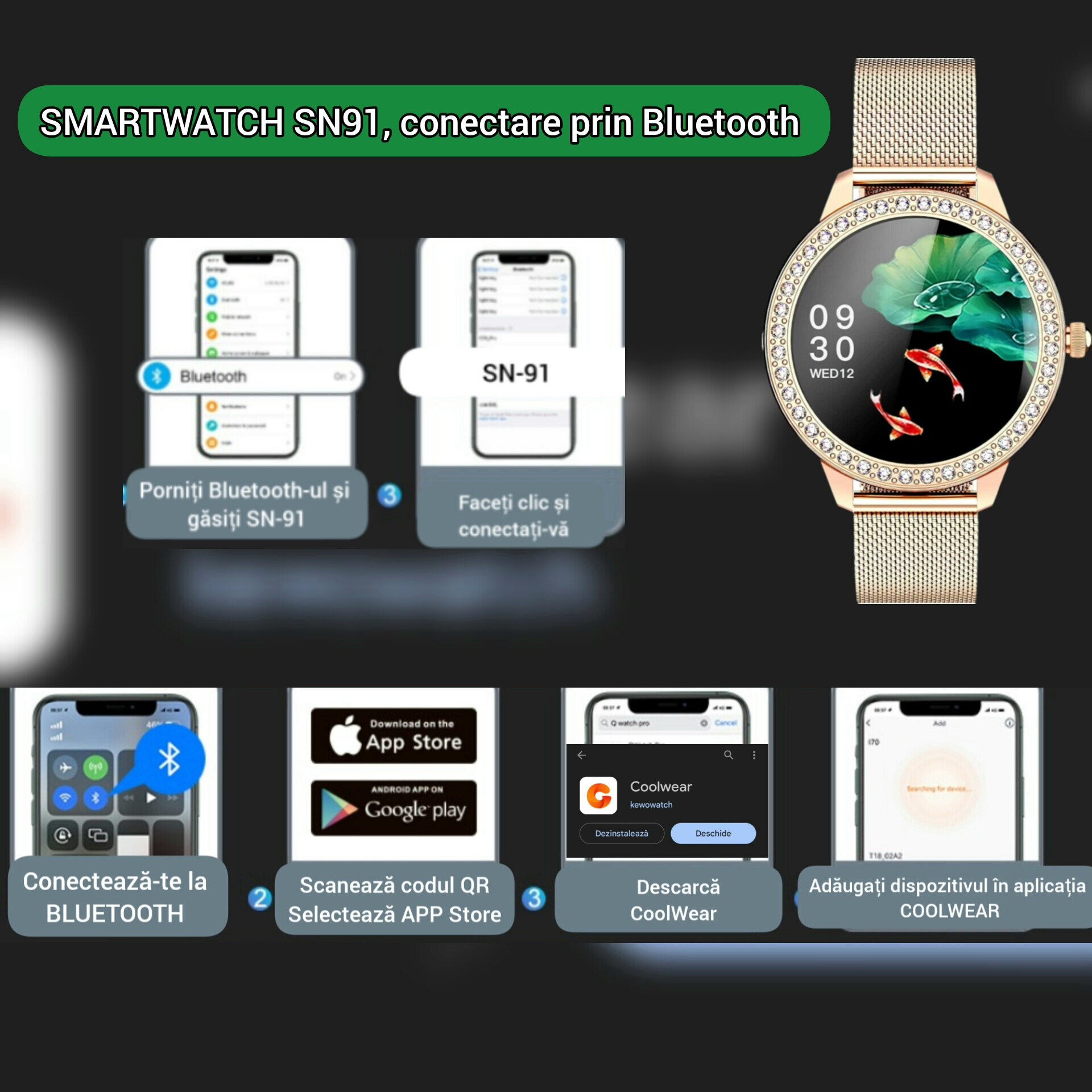 Ceas smartwatch, TechGS® fitness SN91, Ecran tactil, Rezistent la apa ...