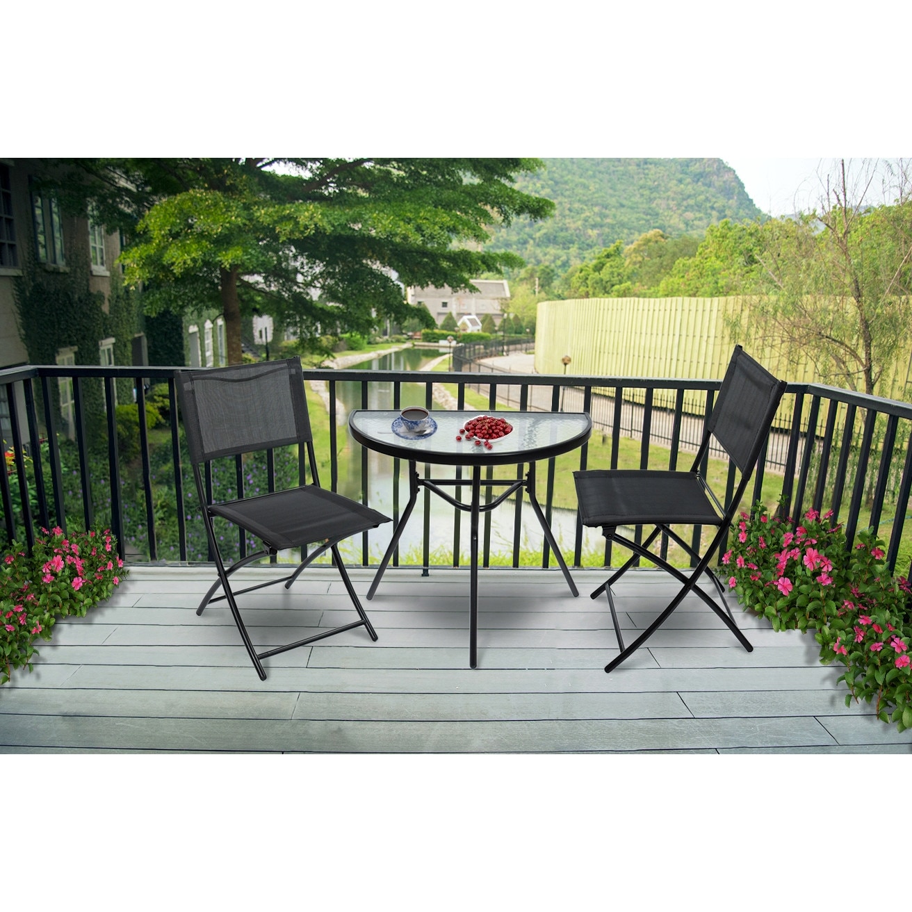 Set mobilier gradina sau balcon, masa semirotund sticla cu 2 scaune ...