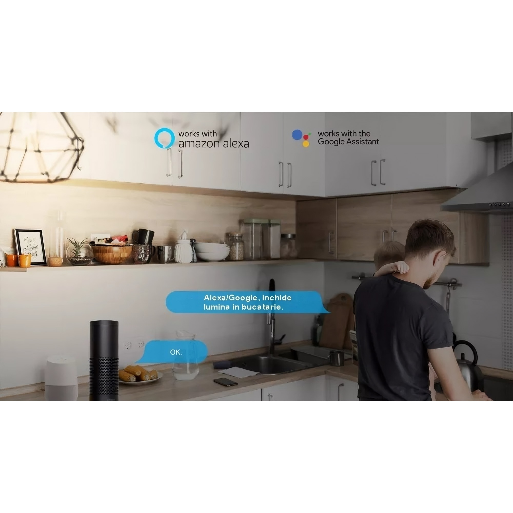 Intrerupator inteligent tactil, Wi-Fi, fara nul, 2 canale, 10A, din ...