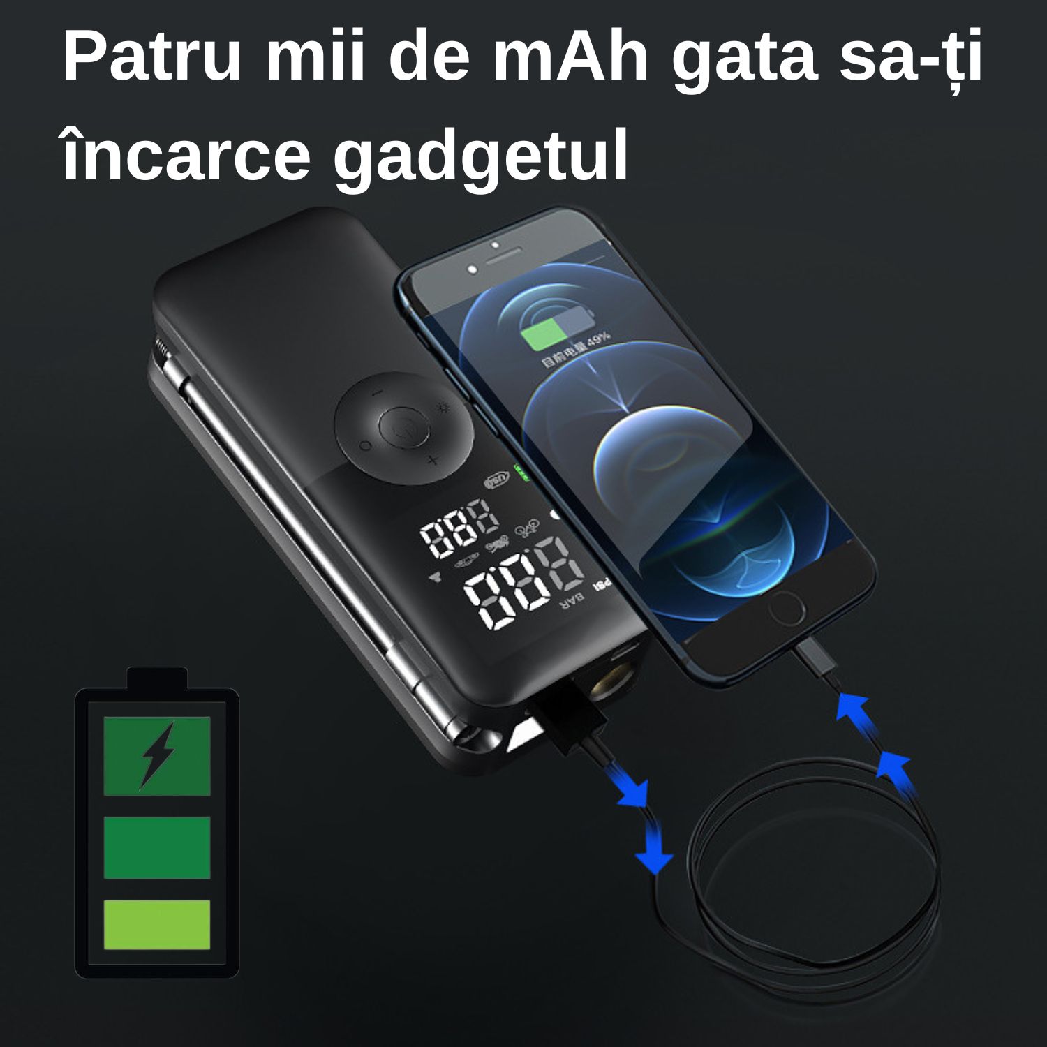 Compresor auto digital portabil, Pompa de umflat roti fara fir, Afisaj ...