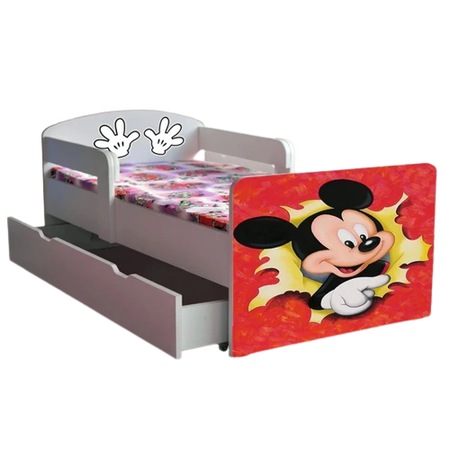 Pat pentru copii Mickey cu sertar, 144x76 cm, saltea inclusa - eMAG.ro