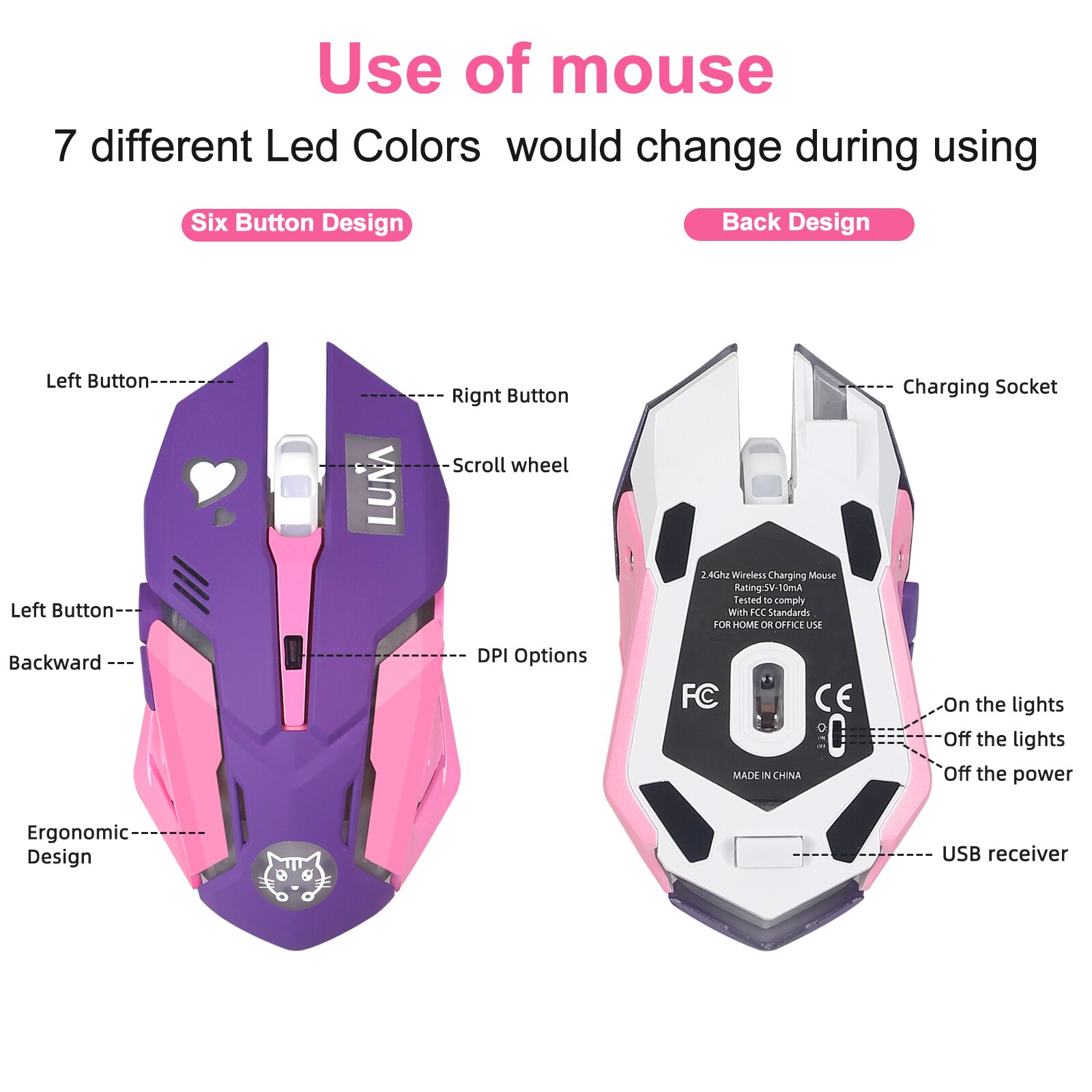 Mouse gaming, Wireless, USB, LED, Roz/Mov - eMAG.ro