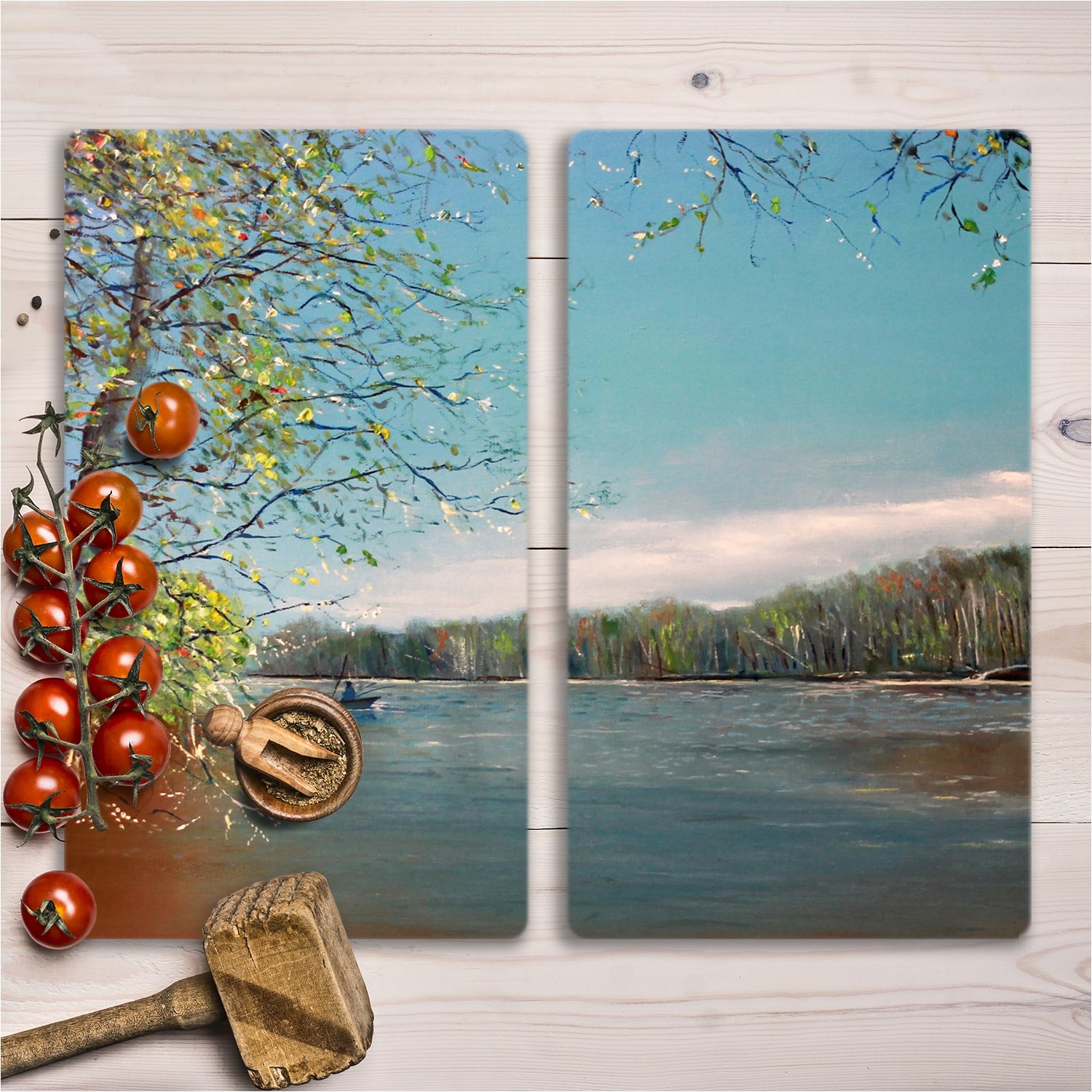 Tocator pe sticla, Dreptunghi, Pictura In Ulei Barca Apa Rau Copaci ...