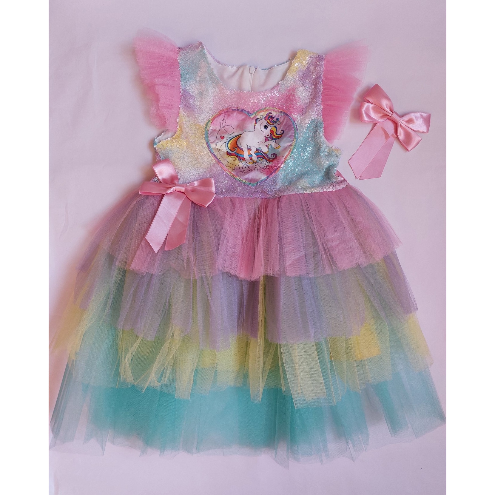 Set Rochie Fetite cu Agrafa, Model Unicorn, Cu Paiete, Tul si Bumbac ...