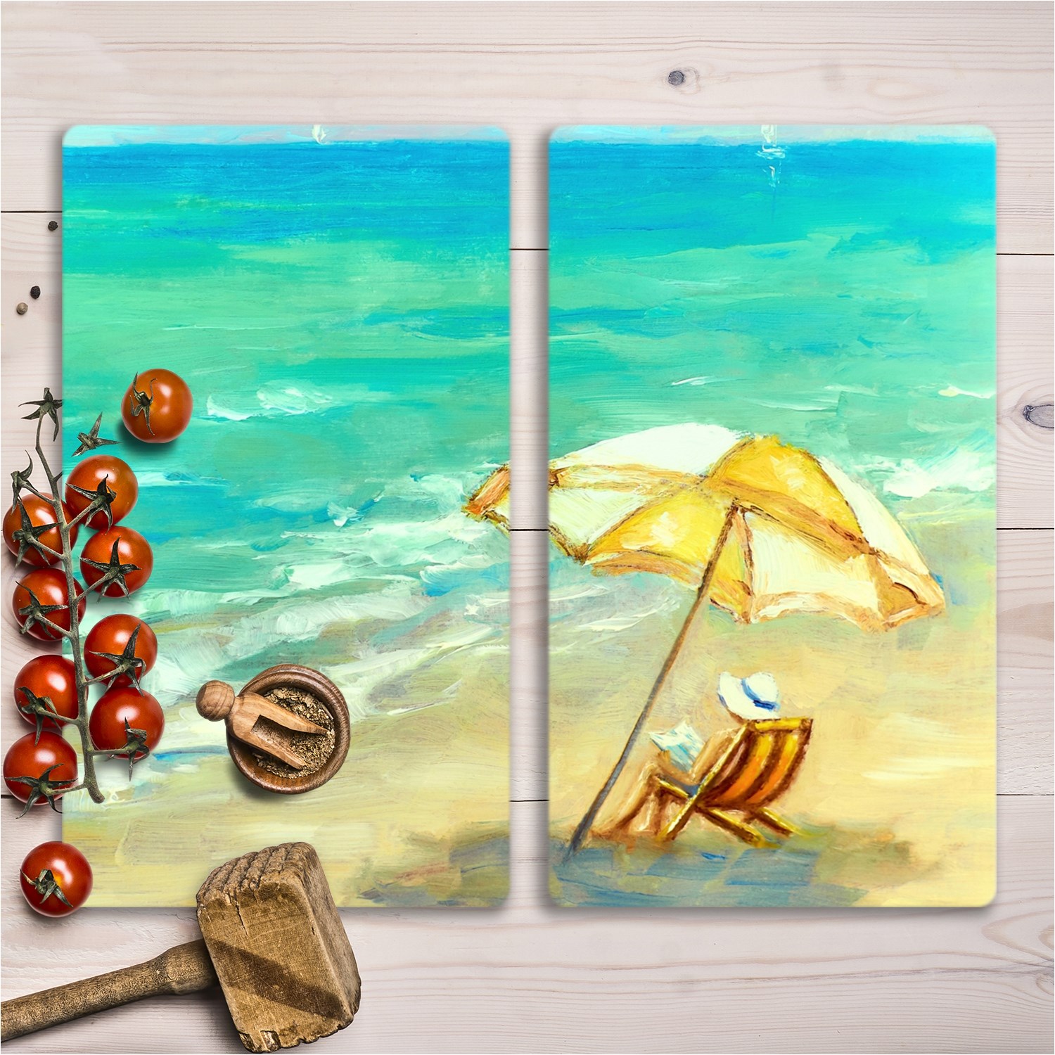 Tocator pe sticla, Dreptunghi, Pictura Plaja Ocean Mare Valuri Umbrela ...