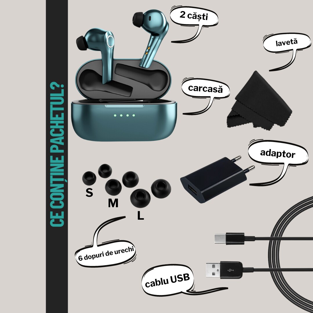 Casti Wireless Audio fara Fir, DioJivago™, Bluetooth 5.3, Control prin ...