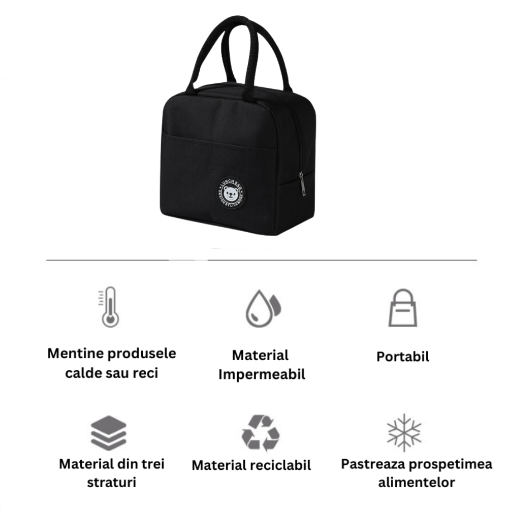 Geanta pentru pranz, termoizolanta, Poliester, Neagra, 1.9 l - eMAG.ro