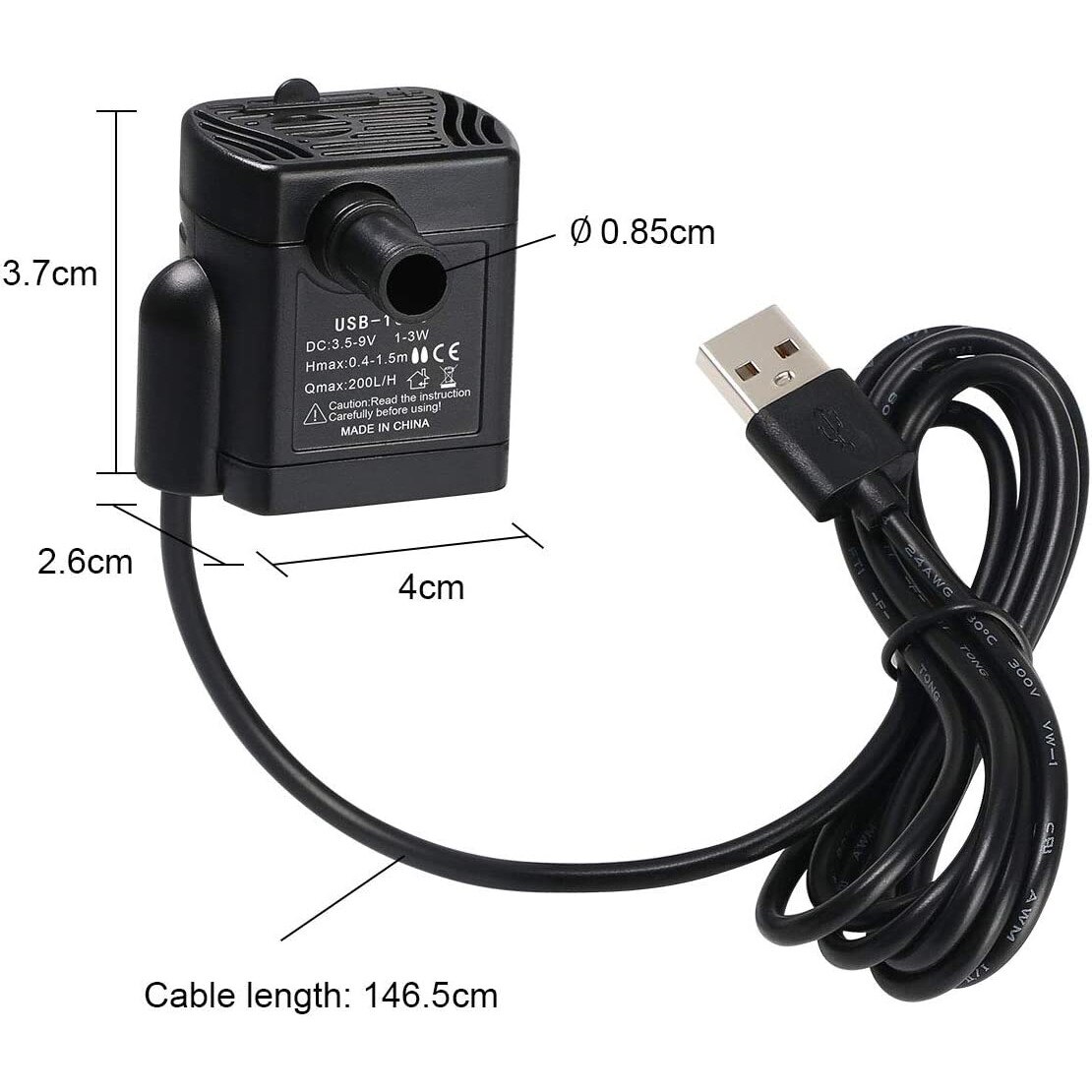 Pompa de apa submersibila acvariu, 200L/H, 3W, USB, Negru - eMAG.ro