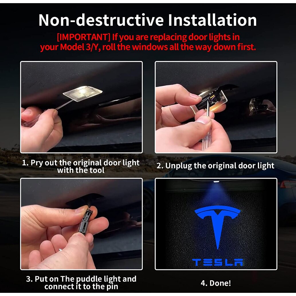 Set 4 proiectoare cu logo pentru usa, Compatibil cu Tesla, Albastru ...