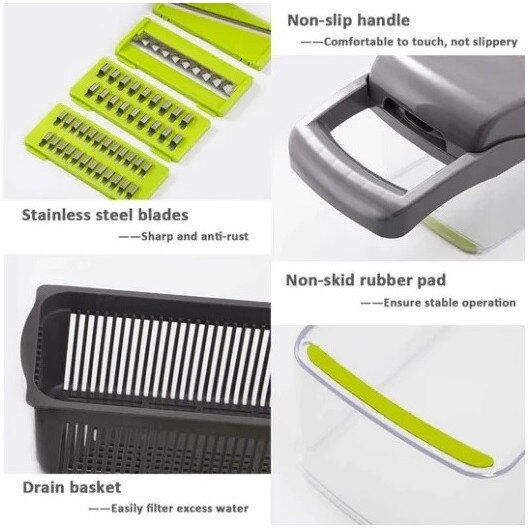 Tocator multifunctional de legume si fructe 14 in 1, lame inox si maner ...