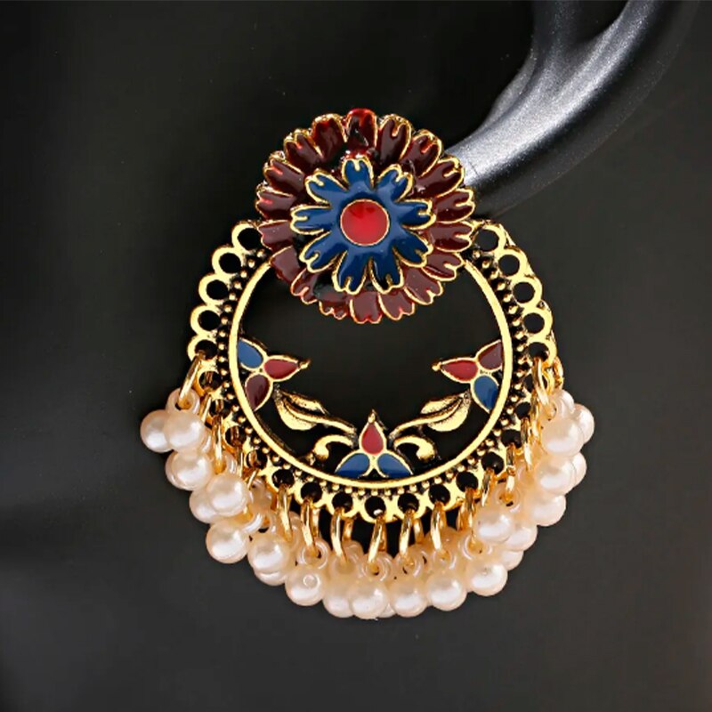 Cercei dama, model retro indian, cu accesorii perlute, rotunzi, rosii ...