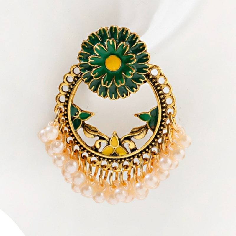 Cercei dama, model retro indian, cu accesorii perlute, rotunzi, verzi ...