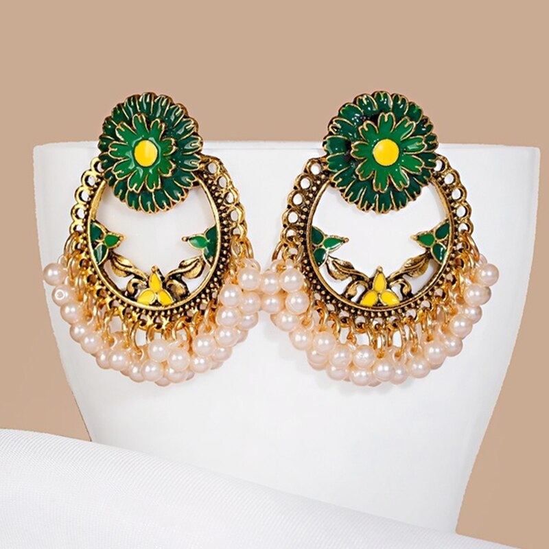Cercei dama, model retro indian, cu accesorii perlute, rotunzi, verzi ...