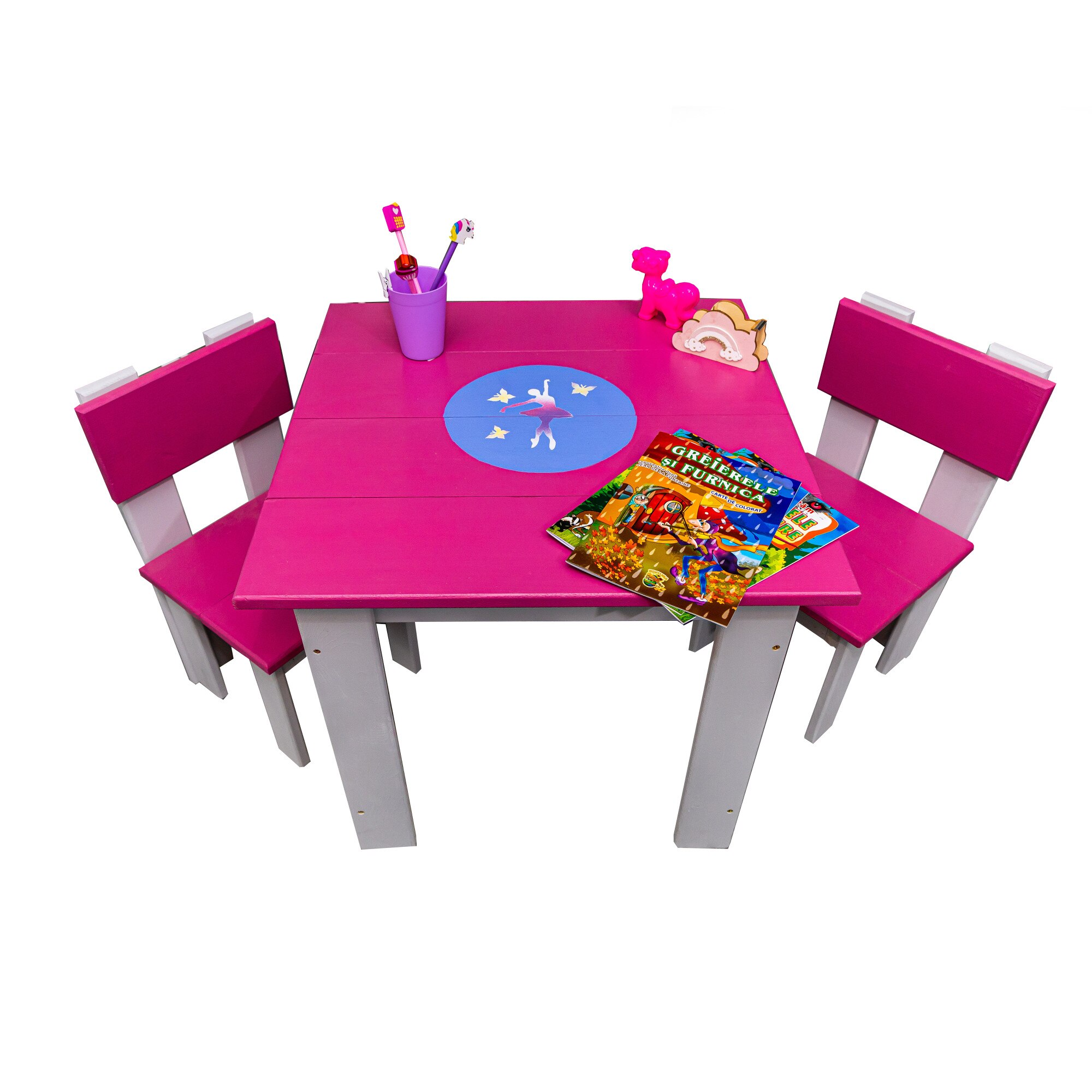 Set masuta cu scaunele pentru copii din lemn de brad, roz - eMAG.ro
