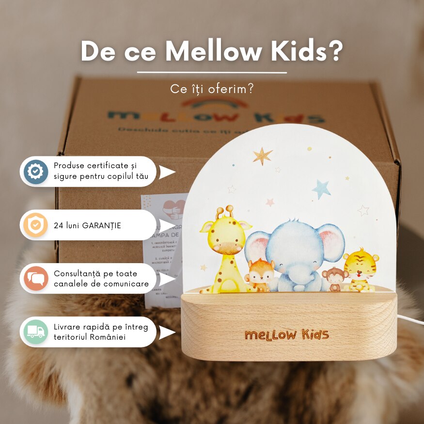 Lampa de veghe pentru copii si bebelusi, Mellow Kids, Safari, LED, USB ...