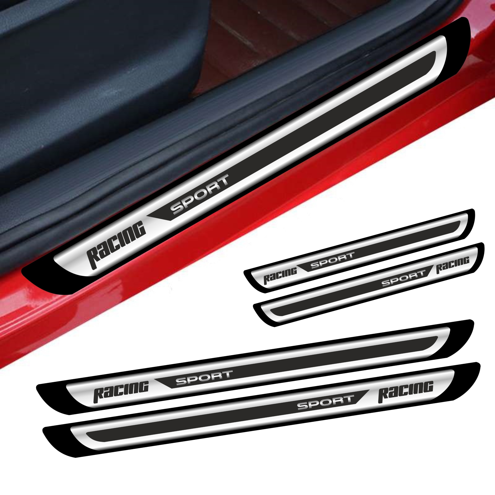 Set patru protectii praguri din autocolant crom, mesaj Racing Sport ...