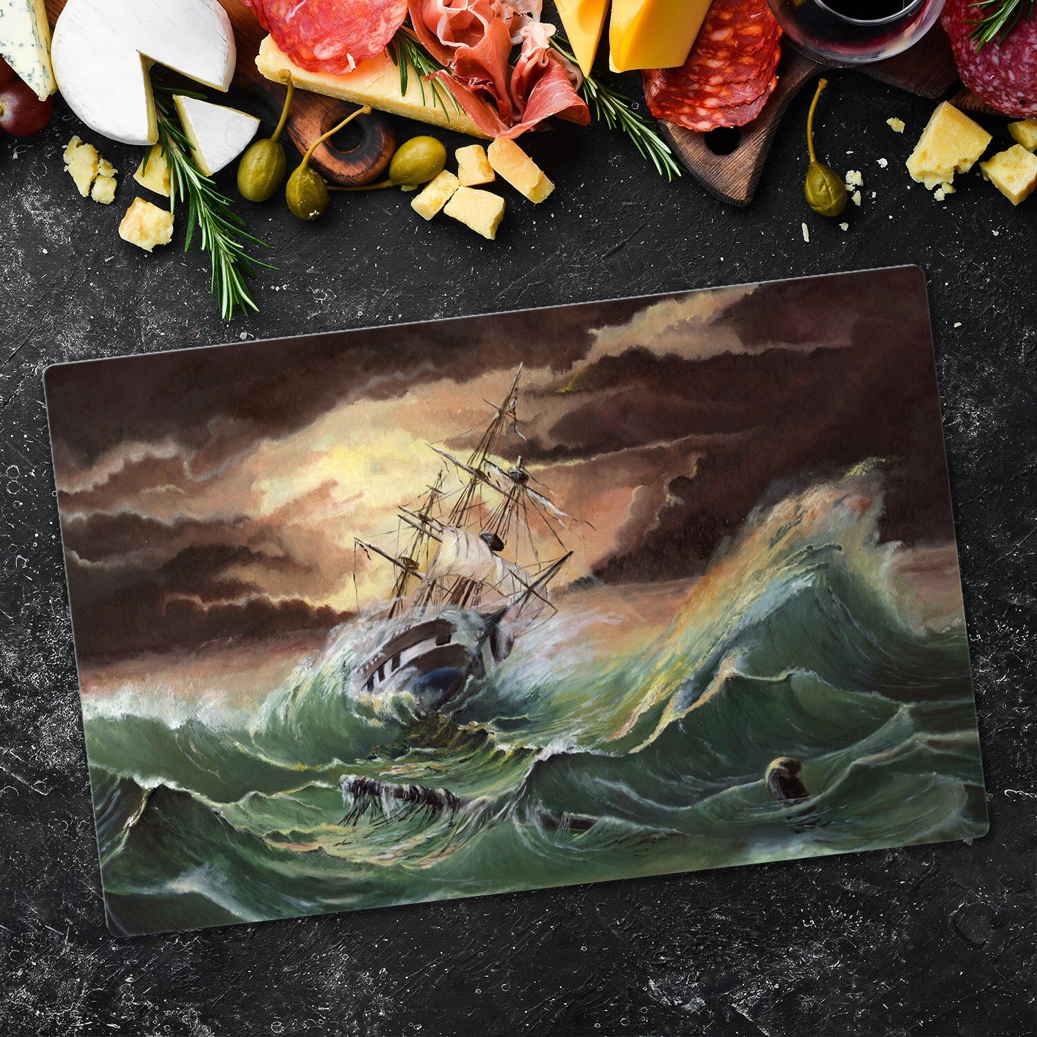 Tocator pe sticla, Dreptunghi, Pictura Barca Nava Ocean Furtuna Valuri ...