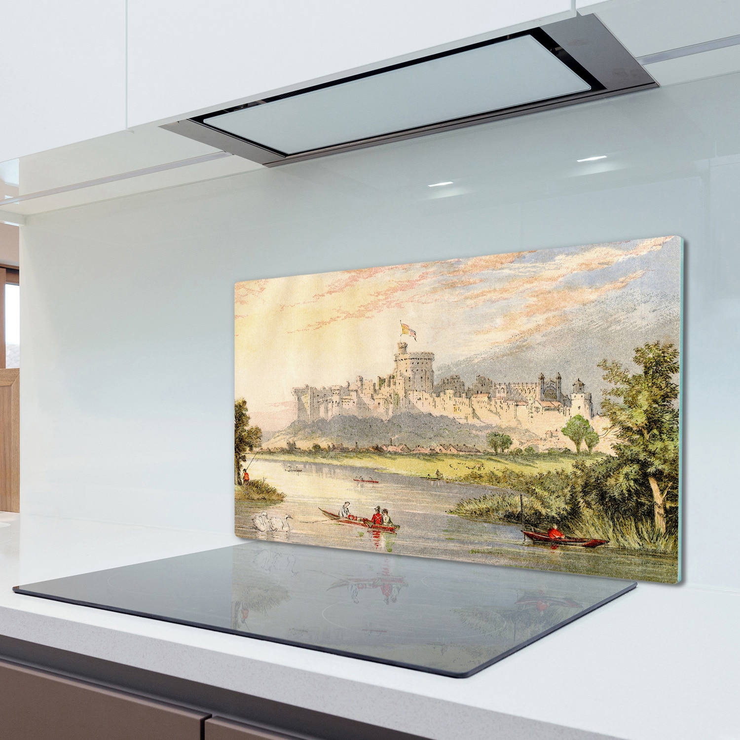 Tocator pe sticla, Dreptunghi, Pictura Castel Rau Barci Copaci Cer, Roz ...