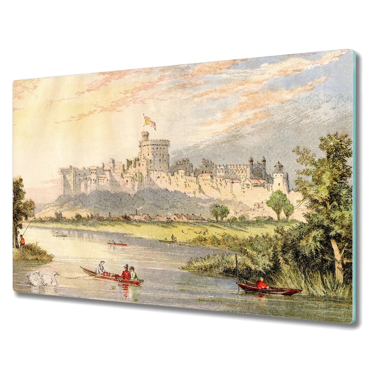 Tocator pe sticla, Dreptunghi, Pictura Castel Rau Barci Copaci Cer, Roz ...