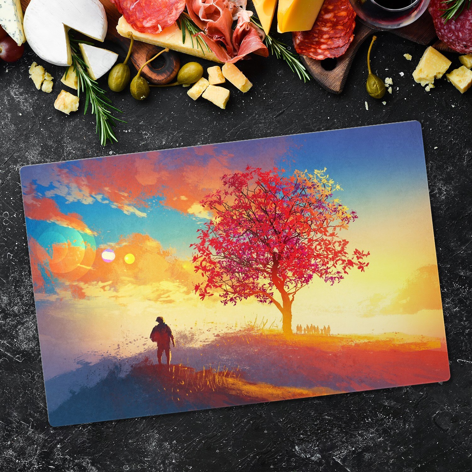 Tocator pe sticla, Dreptunghi, Pictura Deal Copac Cer Apus De Soare ...